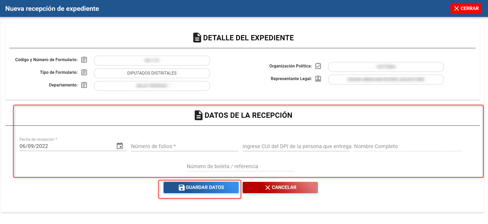 Recepción de Expedientes | Ayuda del Portal Web Interno TSE