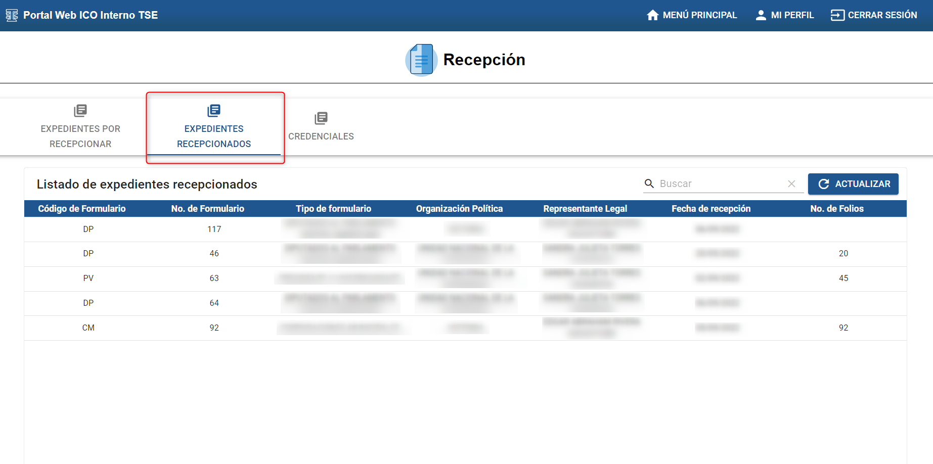 Recepción de Expedientes | Ayuda del Portal Web Interno TSE