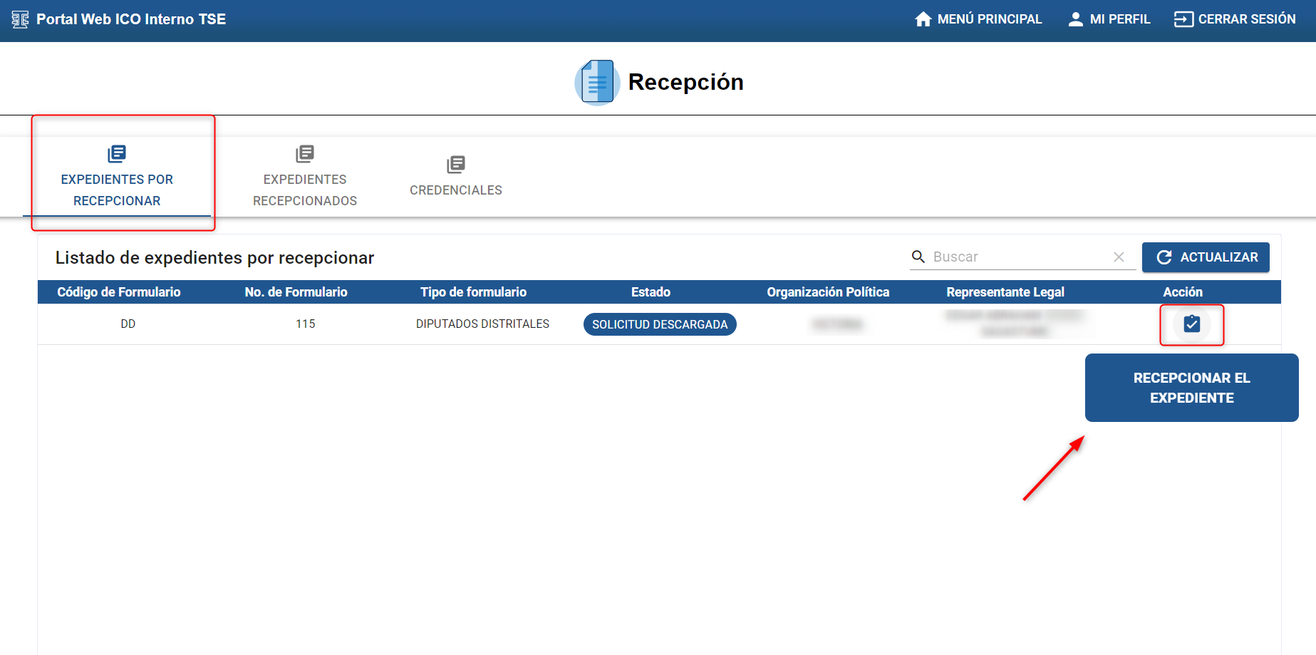 Recepción de Expedientes | Ayuda del Portal Web Interno TSE